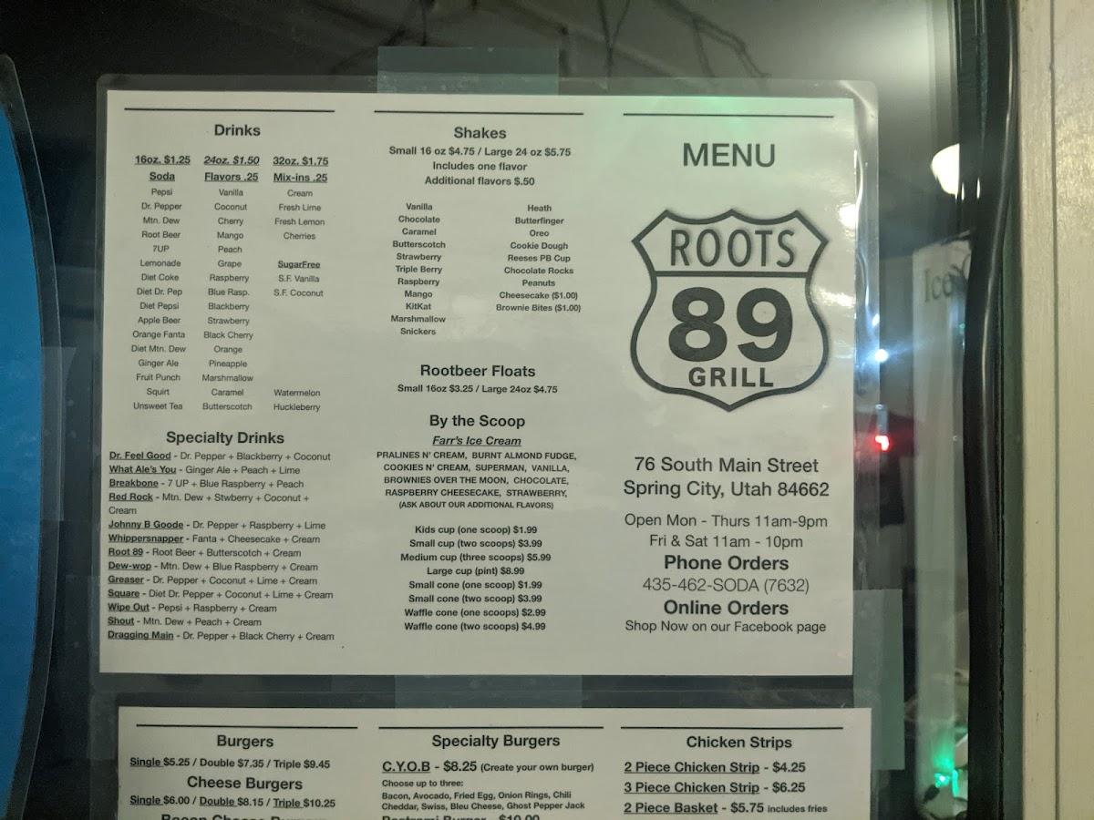 Menu at Roots 89 Grill restaurant, Spring City