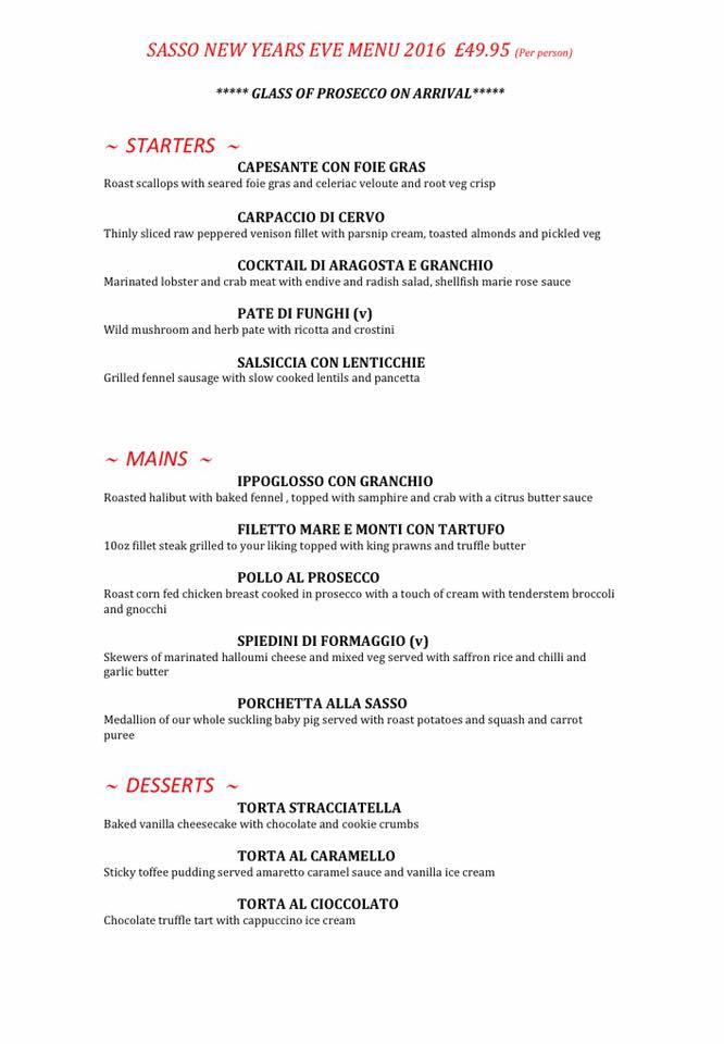 Menu at Sasso restaurant, Disley