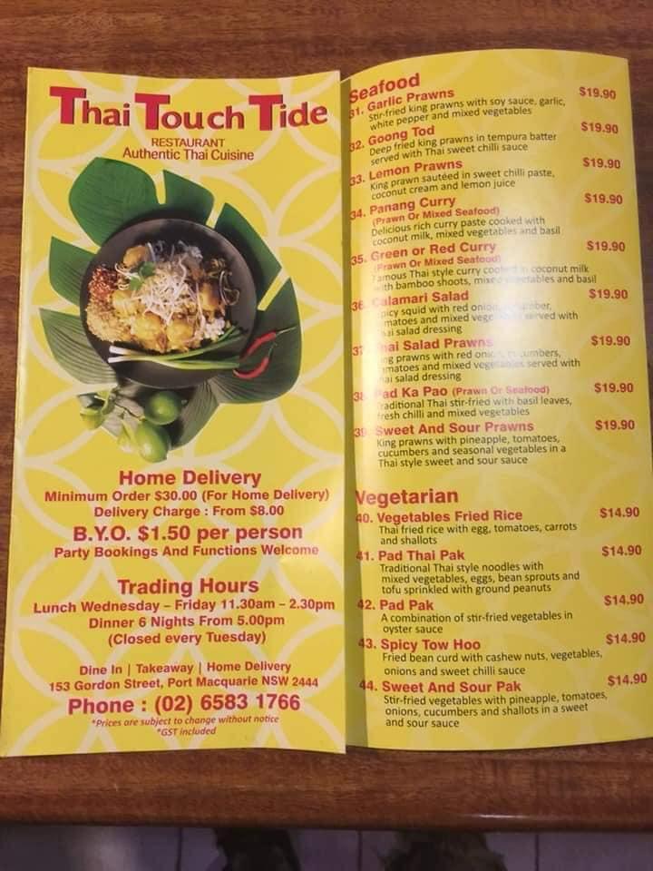 Menu at Thai Touch Tide Restaurant, Port Macquarie