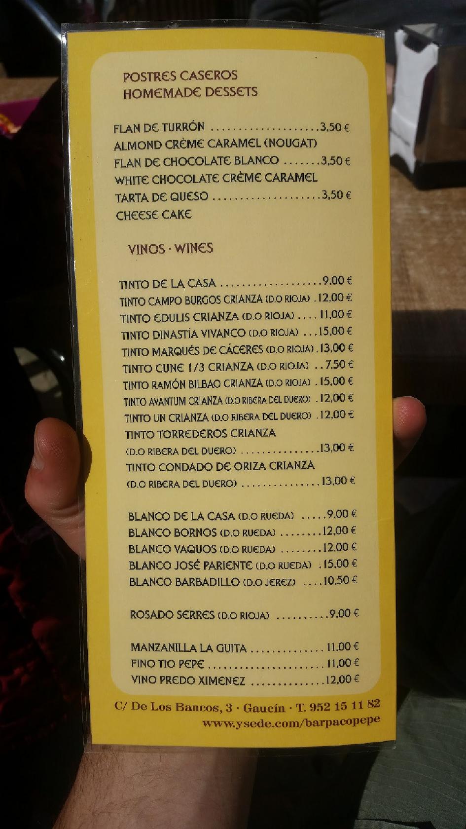 Menu at BAR PACO PEPE, Gaucín