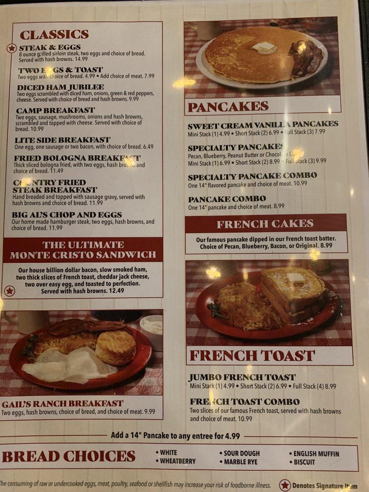 Menu at Billy Gail's cafe, Branson
