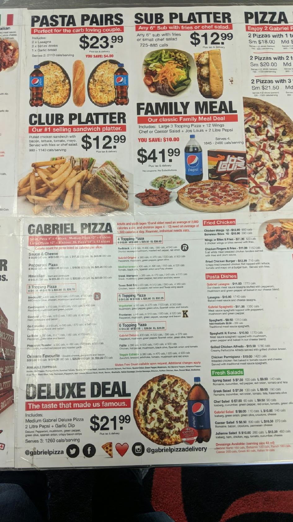 Menu at Gabriel Pizza pizzeria, Ottawa, 780 Baseline Rd