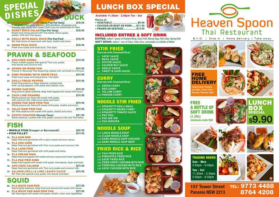 Menu at Heaven Spoon Thai Restaurant, Panania