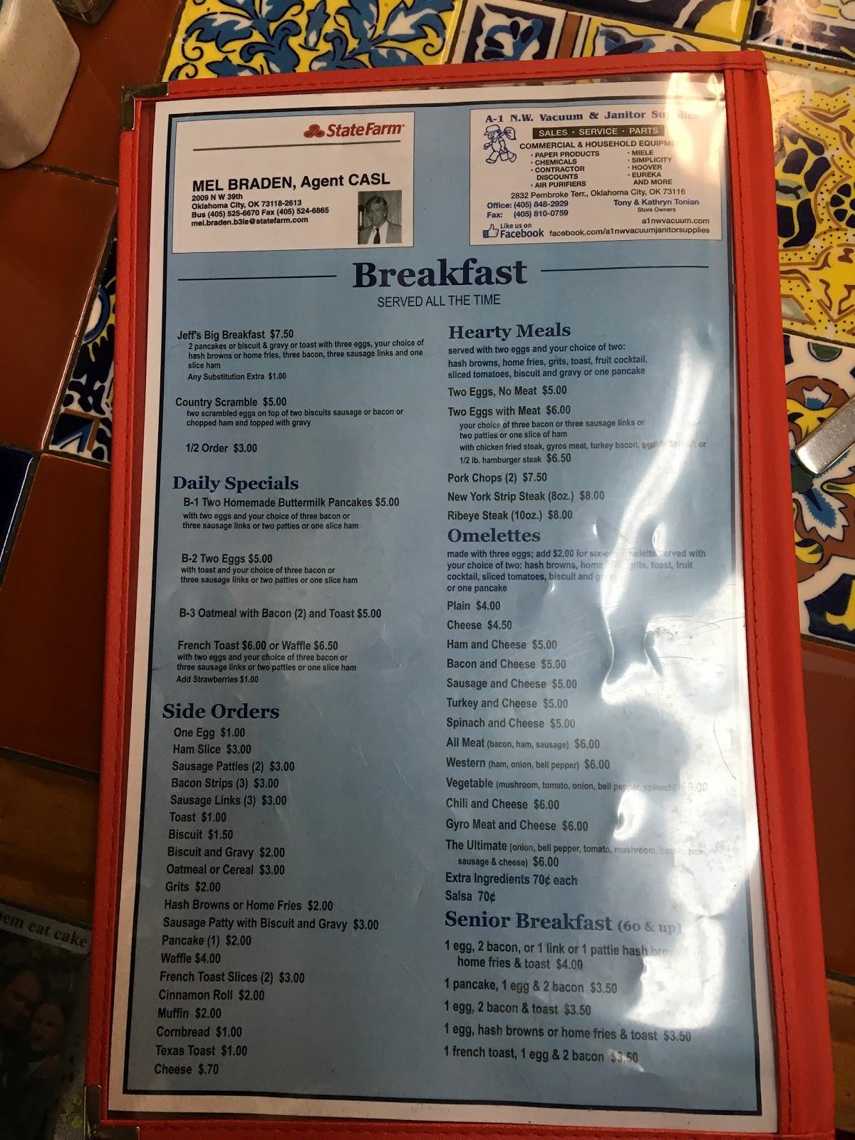 Menu at Jeff's Country Cafe, Oklahoma City