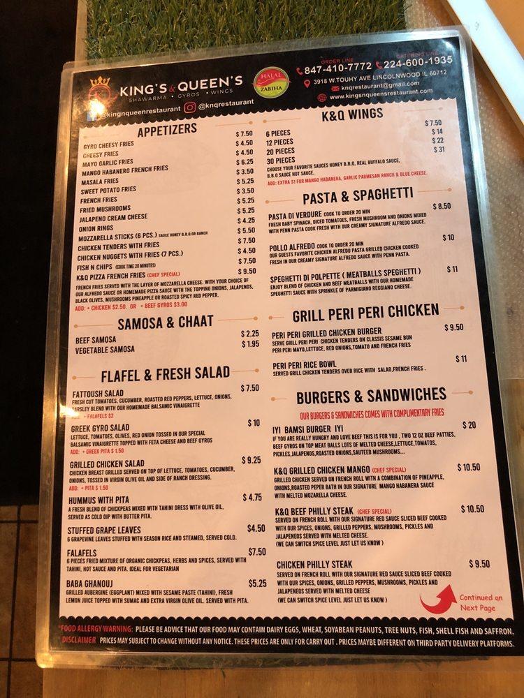 Menu at King's & Queen's Zabiha Halal Restaurant, Lincolnwood