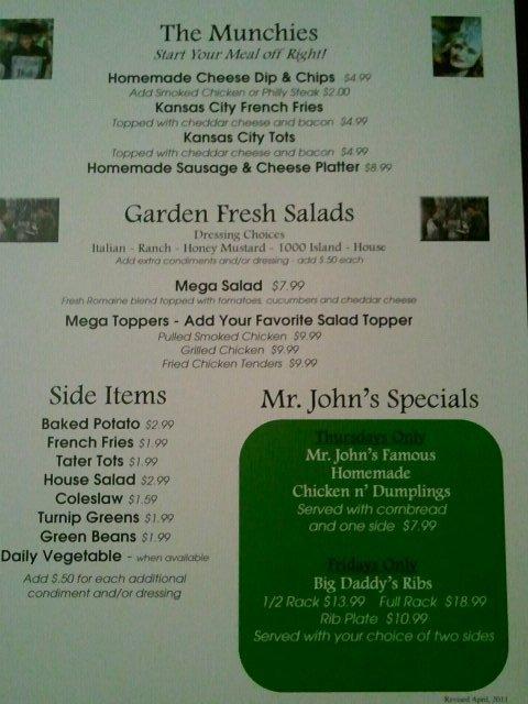 Menu at Mr Johns Place restaurant, Columbus