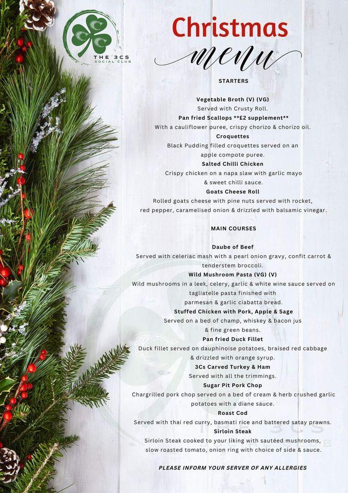 Menu at The 3 C's Social Club, Belfast
