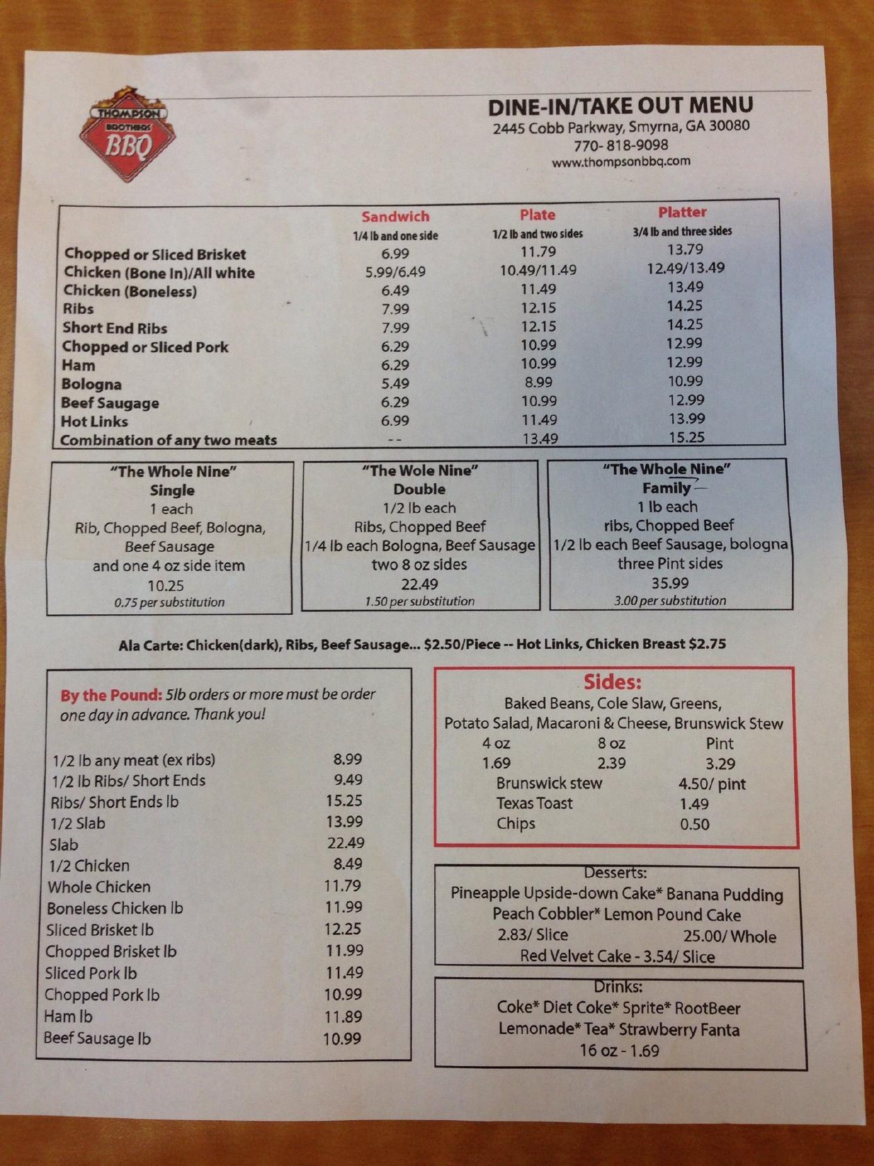Menu at Thompson Brothers Barbeque, Smyrna