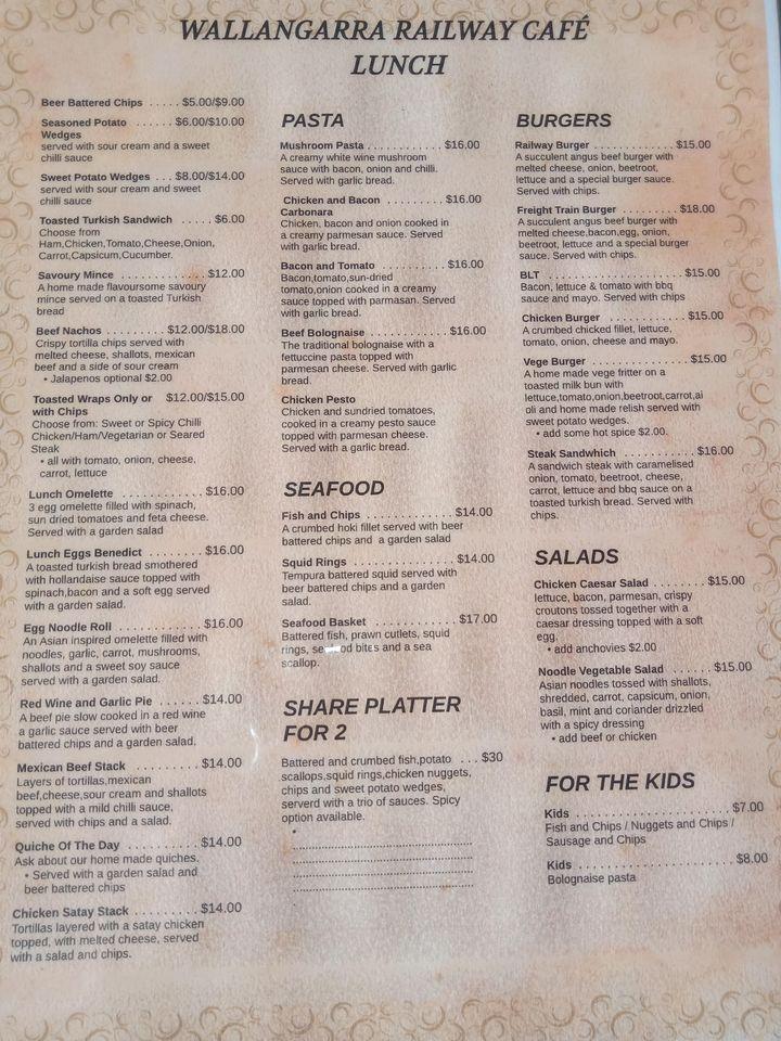 Menu at Wallangarra Railway Cafe, Wallangarra