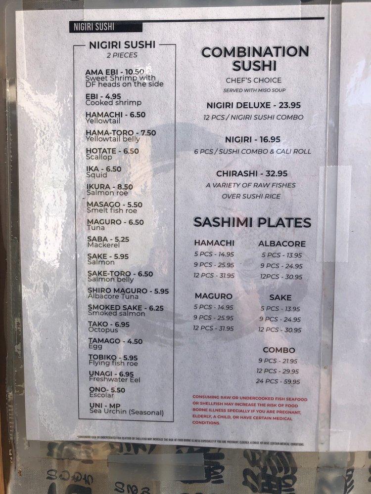Menu at Aozora Sushi restaurant, Grass Valley