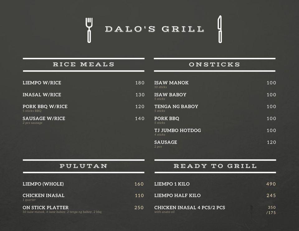 Menu at Dalo's Grill pub & bar, Quezon City, 36 Angat St NIA Village ...
