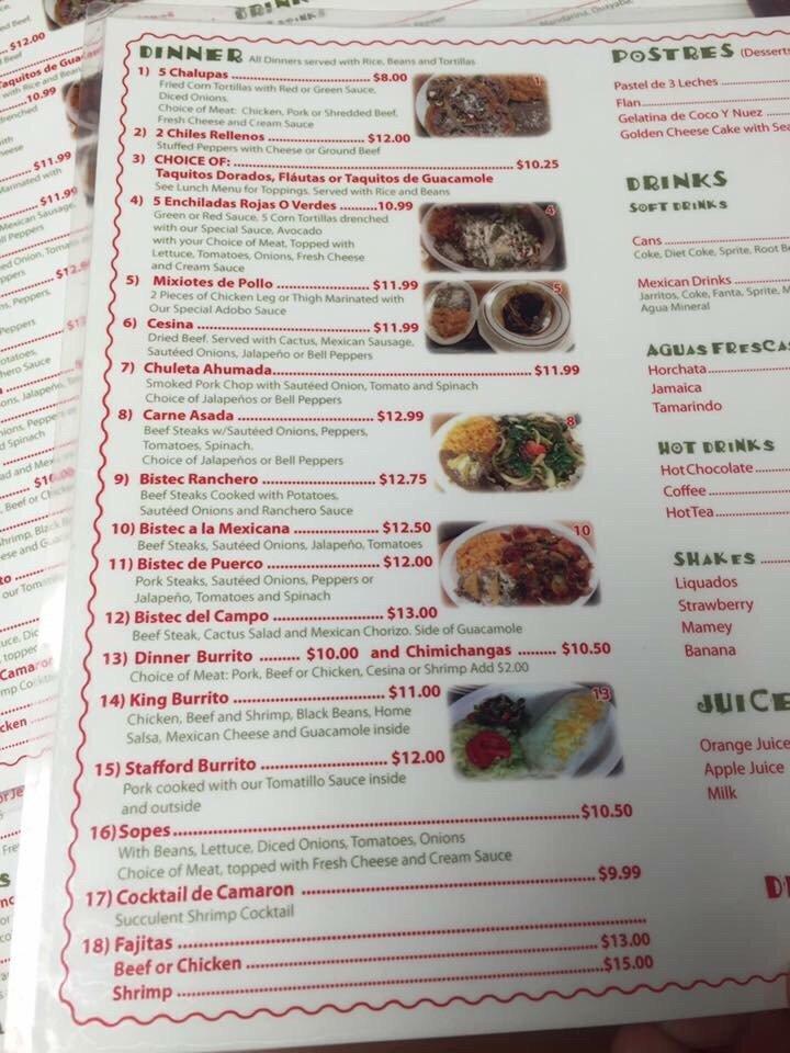 Menu at El Tepeyac Mexican restaurant, Stafford Township