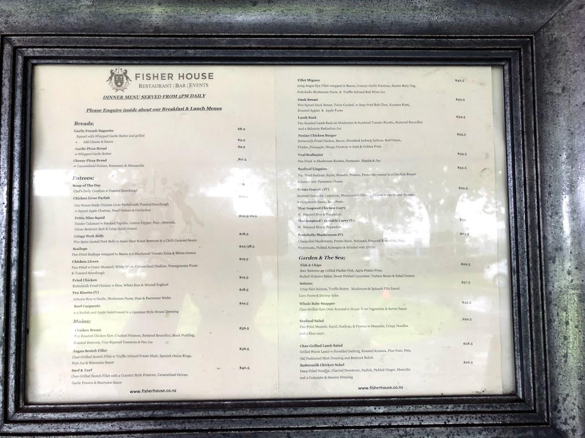 Menu at Fisher House restaurant, Auckland