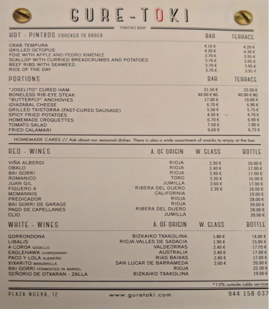 Menu at Gure Toki pub & bar, Bilbao, Pl. Nueva