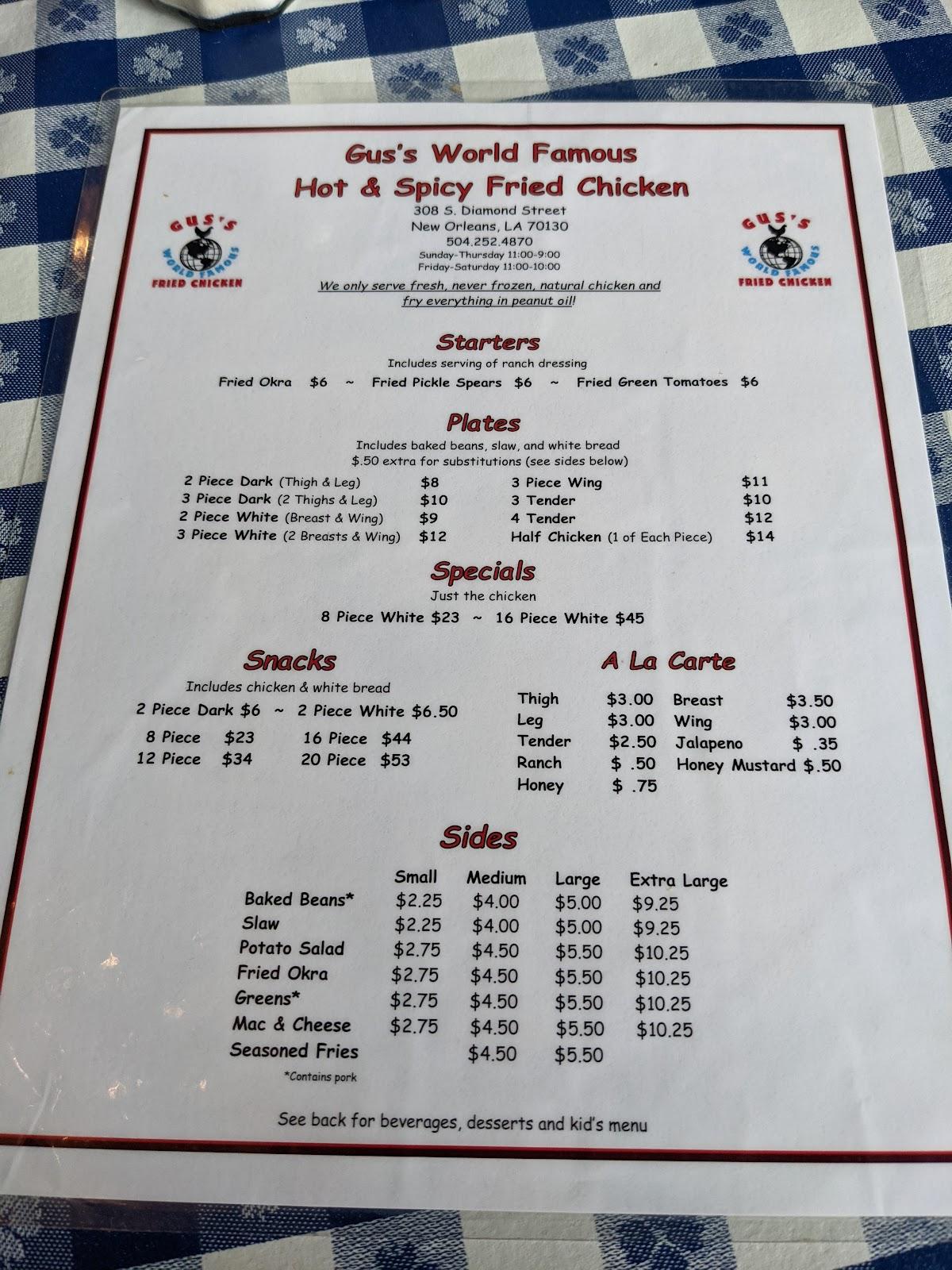 Menu at Gus’s World Famous Fried Chicken restaurant, New Orleans