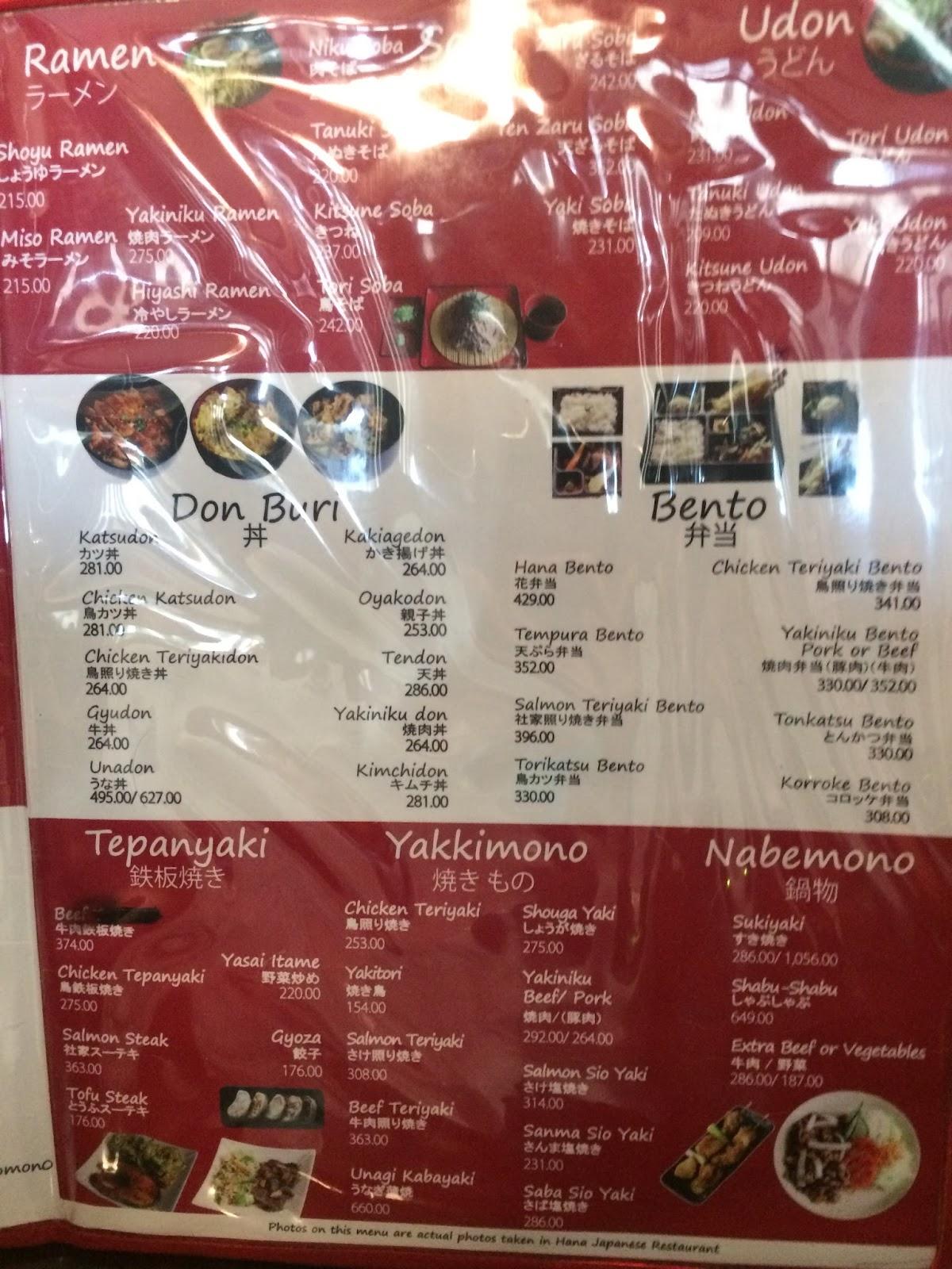 Menu at Hana Japanese restaurant, Pagsanjan, National Hwy