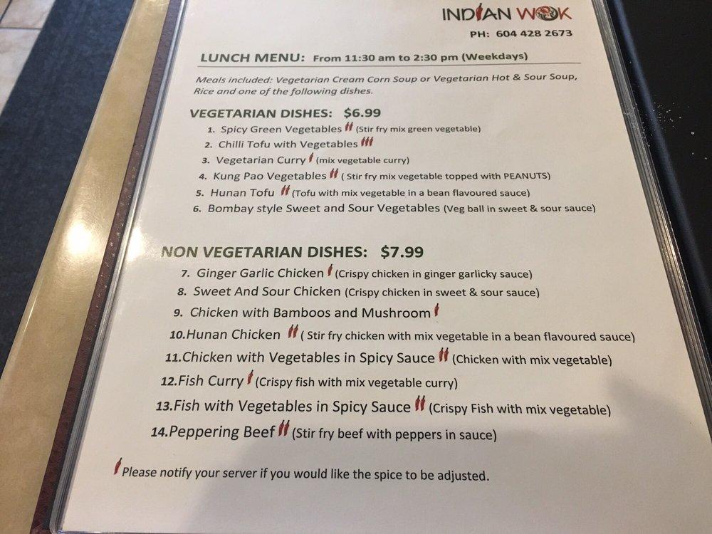 Menu at Indian Wok restaurant, Burnaby