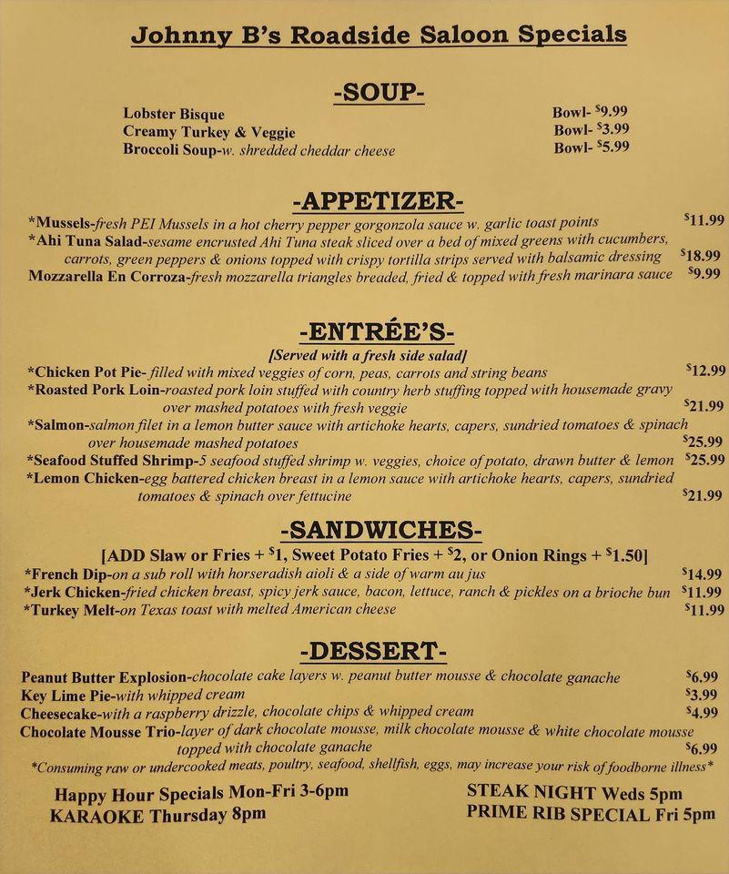 Menu at Johnny B's Roadside Saloon pub & bar, Wolcott