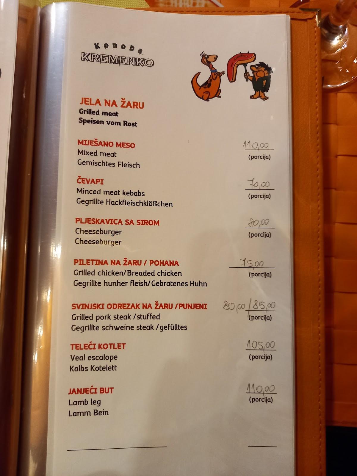 Menu at Kremenko restaurant, Svinišće