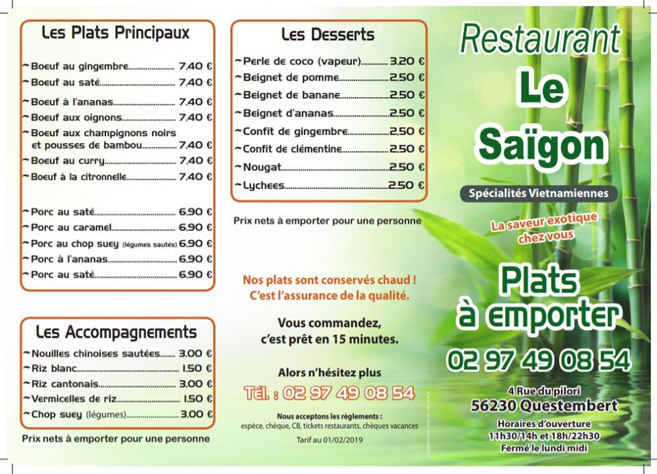 Menu at Le Saïgon restaurant, Questembert