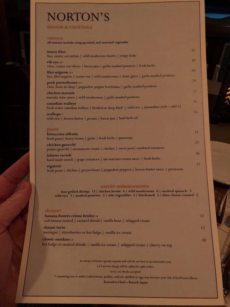 Menu at Norton's of Green Lake pub & bar, Green Lake, 380 S Lawson Dr