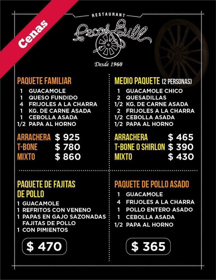Menu at Pecos Bill restaurant, Guadalupe, Av. Miguel Alemán 202