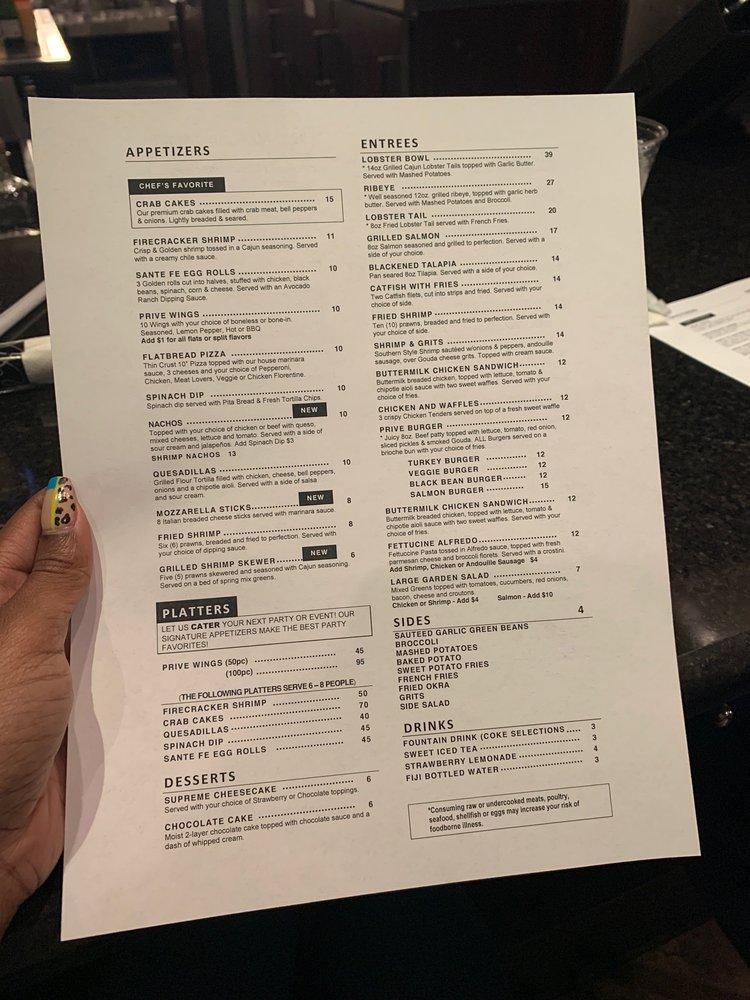 Menu at Prive restaurant, Memphis, Winchester Rd