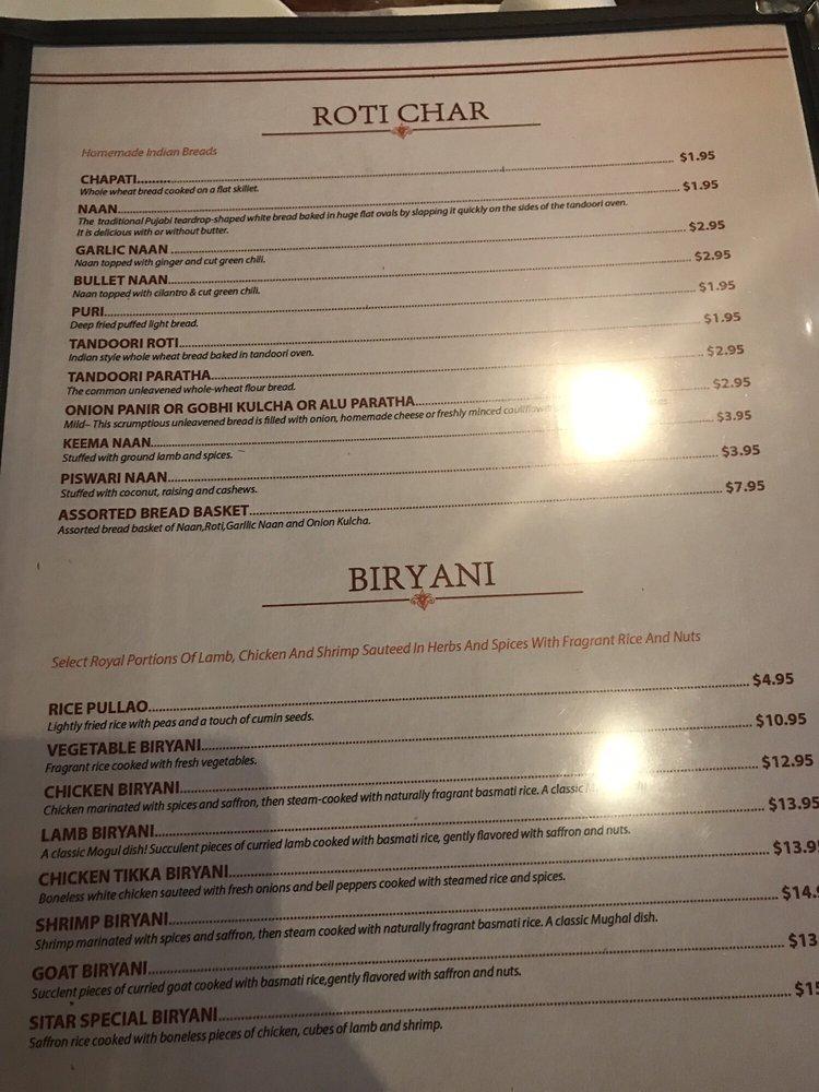 Menu at Sitar Indian Restaurant, Birmingham, 4th Ave S