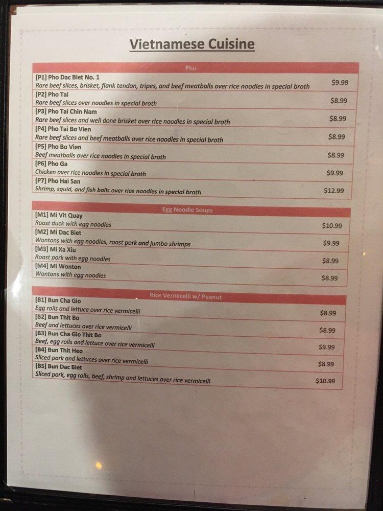 Menu at Vietnam House restaurant, Myrtle Beach