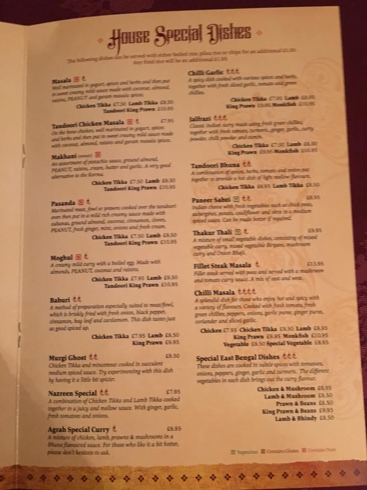Menu at Agrah restaurant, Cleethorpes