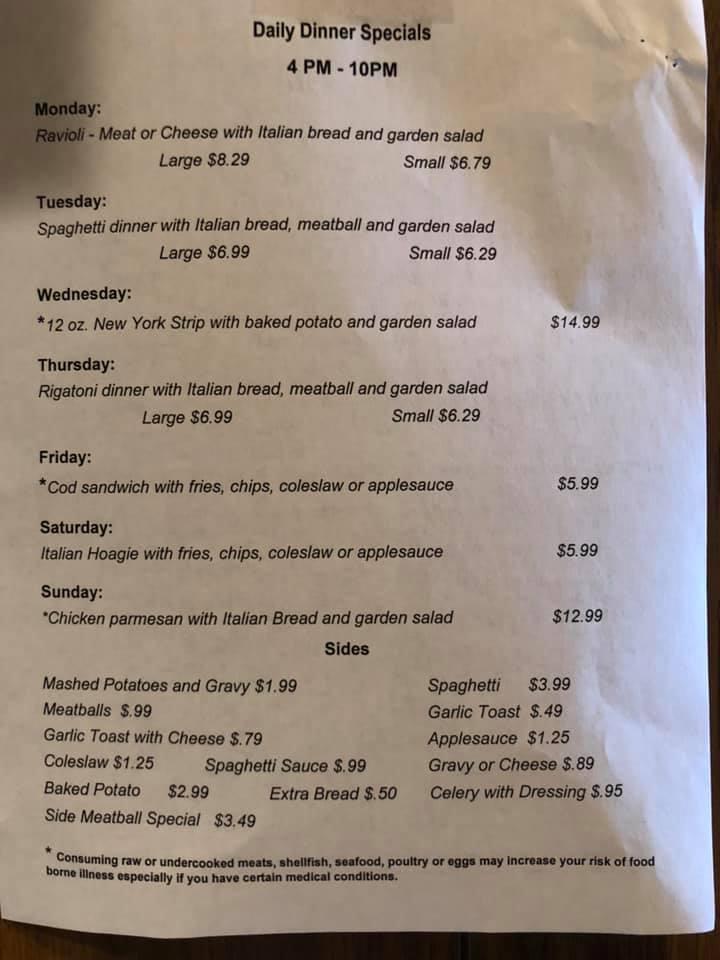 Menu at Arch Cafe, Connellsville