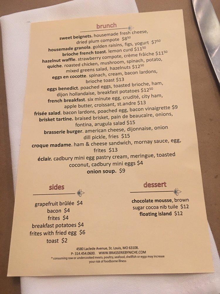 Menu at Brasserie by Niche restaurant, St. Louis