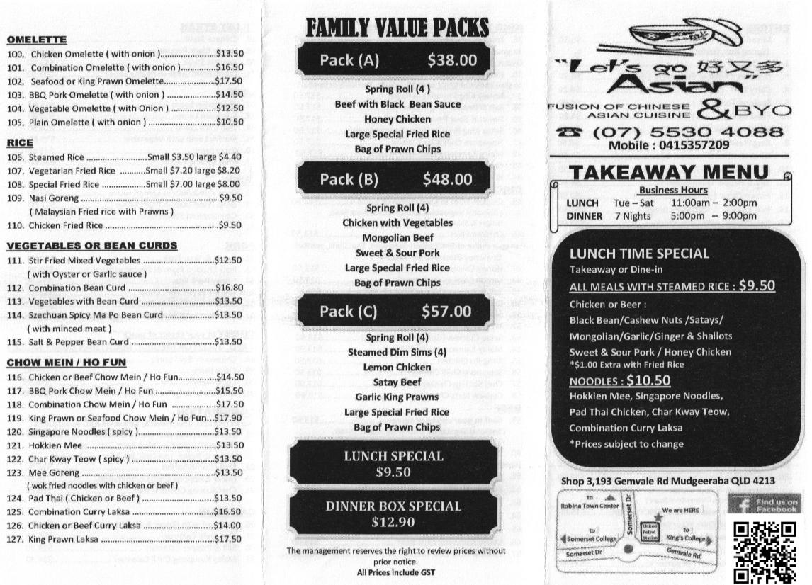 Menu at Let's Go Asian restaurant, Mudgeeraba, Shop 3/193 Gemvale Rd