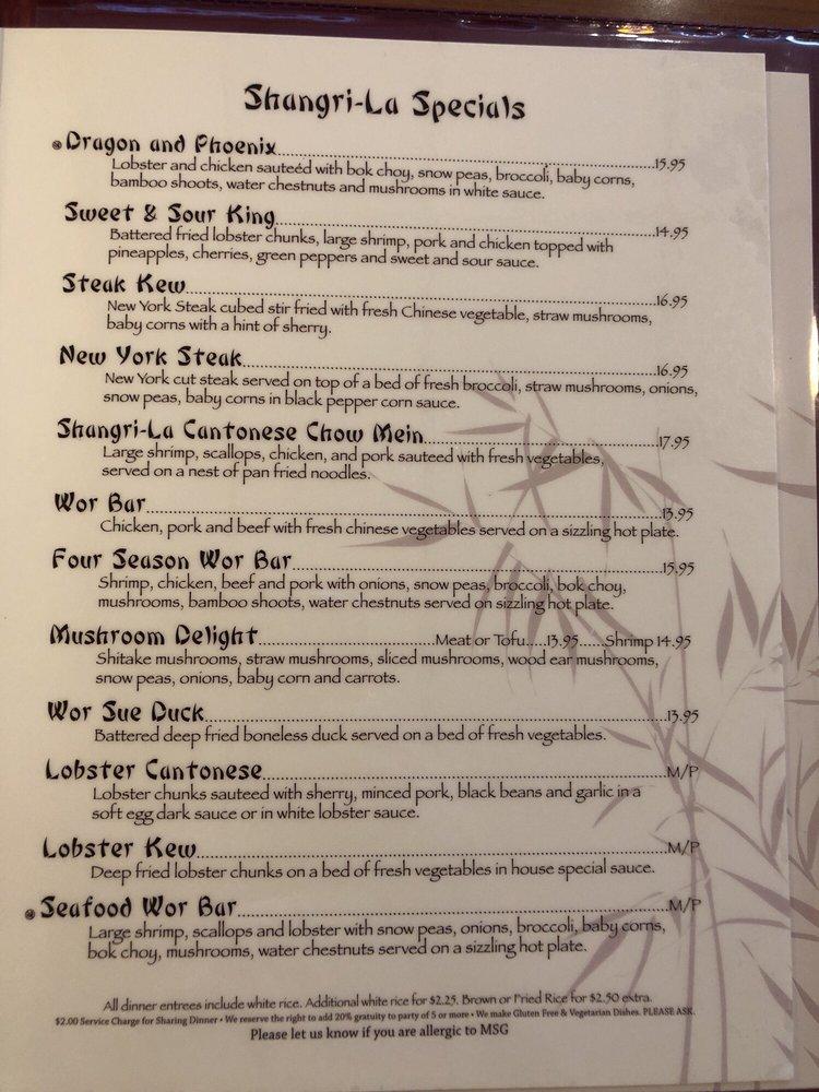 Menu at Shangri-La Restaurant, Sarasota