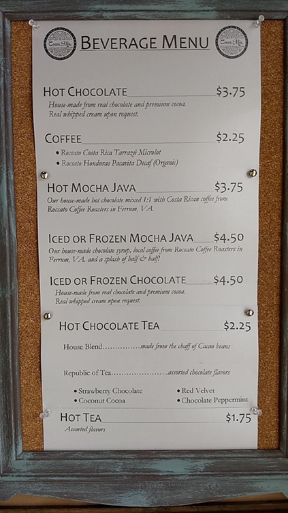 Carta del café Cocoa Mia, Floyd