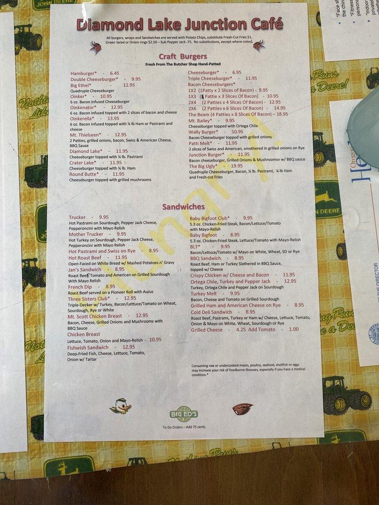 Menu at Diamond Lake Junction Cafe, USA, US-97