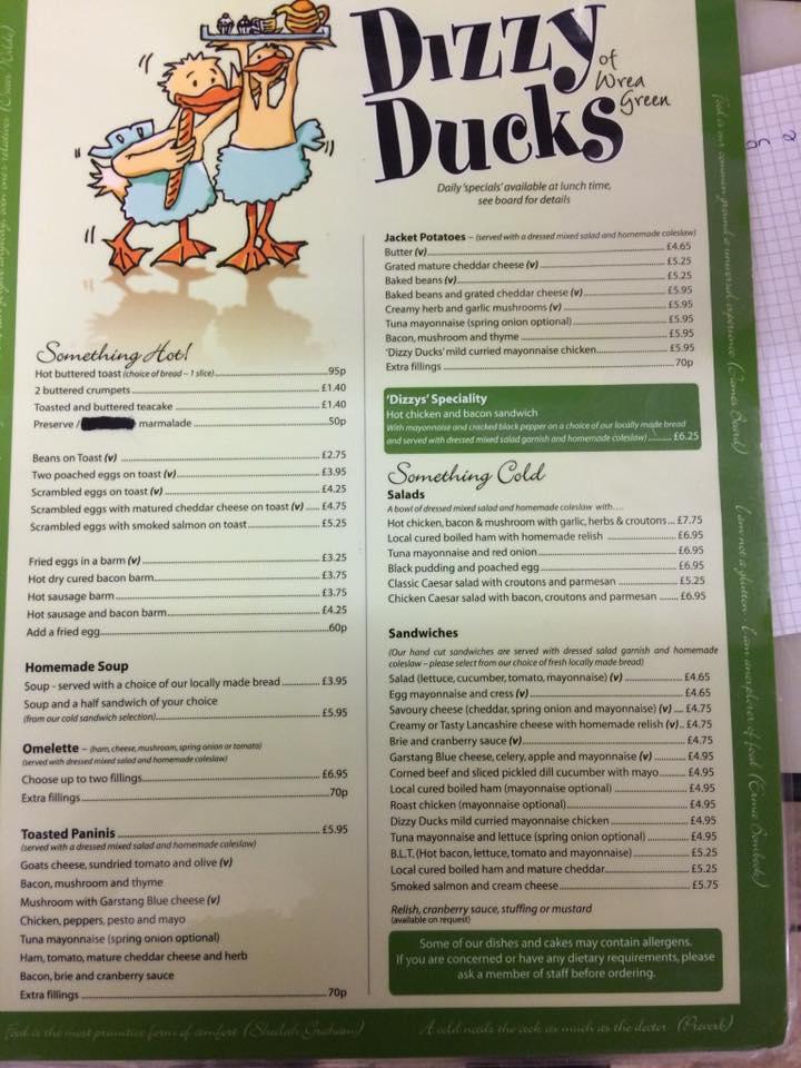 Menu at Dizzy Ducks Bistro cafe, Ribby-with-Wrea