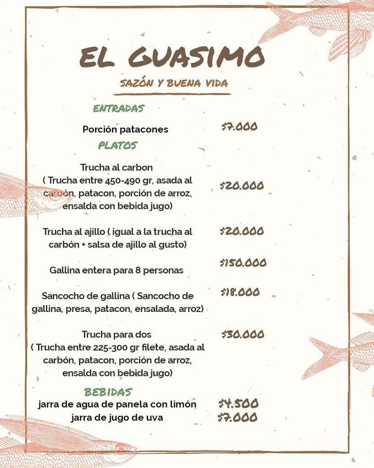 Menu at El guasimo restaurant, Colombia