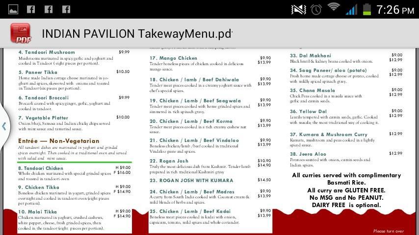 Menu at Indian Pavilion restaurant, Tauranga