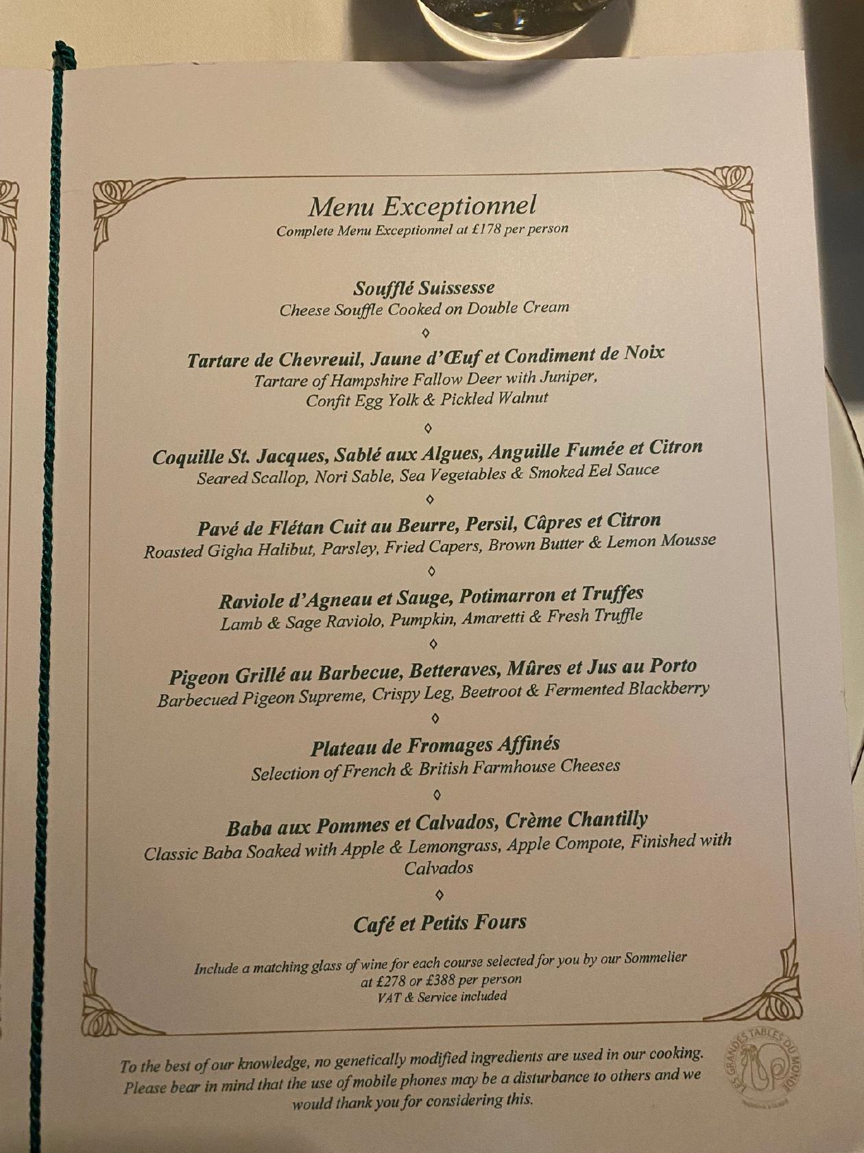 Menu at Le Gavroche restaurant, London
