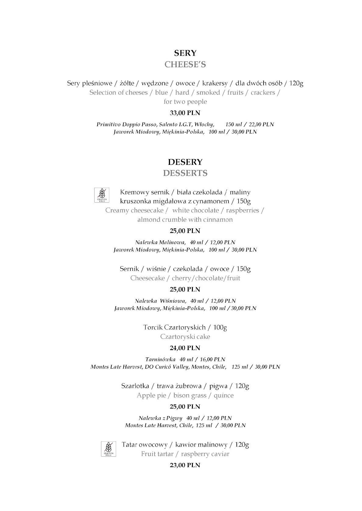 Carta del restaurante Restauracja Polska, Varsovia
