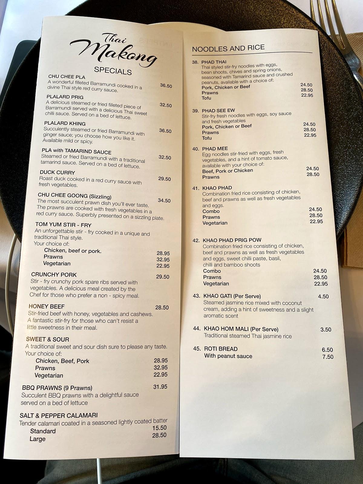 Menu at Thai Makong Restaurant, Mornington