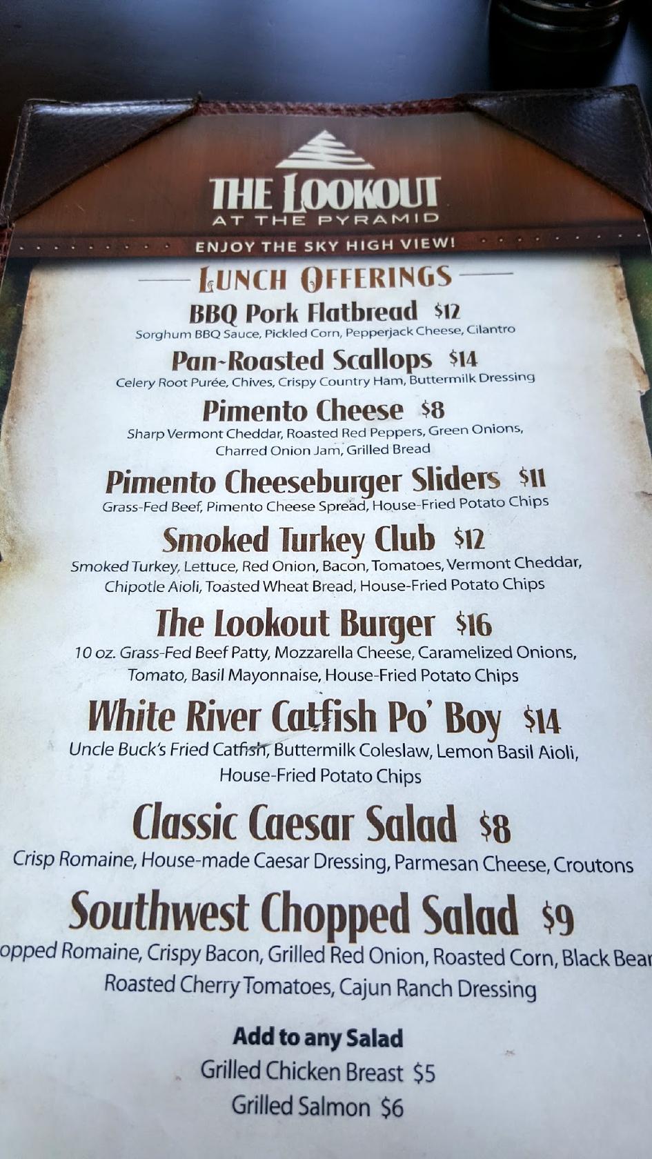 Menu at The Lookout at the Pyramid pub & bar, Memphis