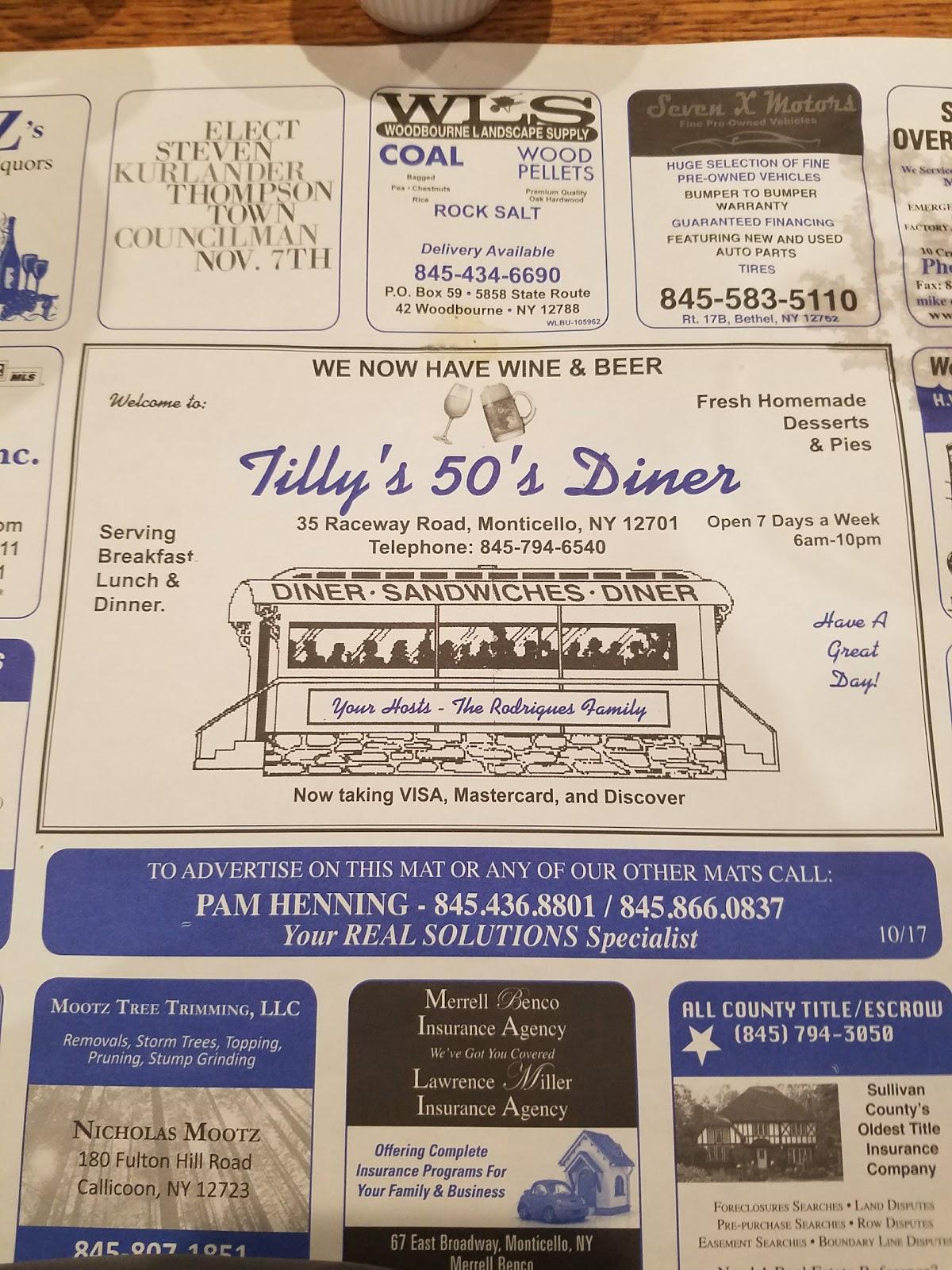 Menu at Tilly's Diner restaurant, Monticello