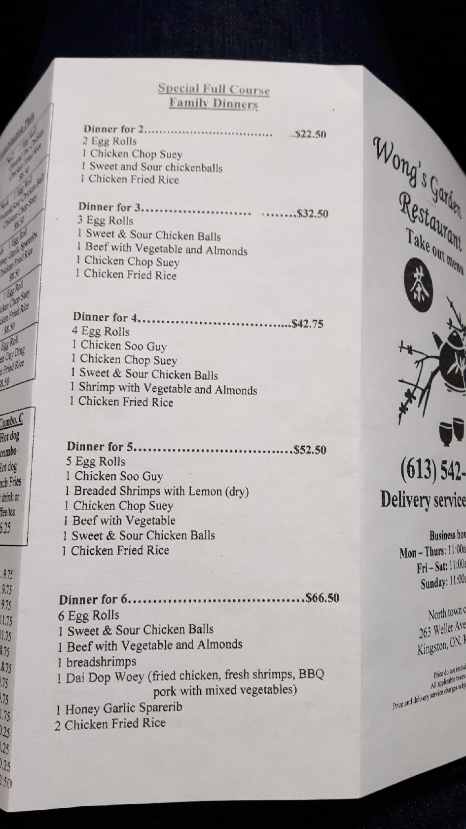 Menu at Wong's Garden Restaurant, Kingston