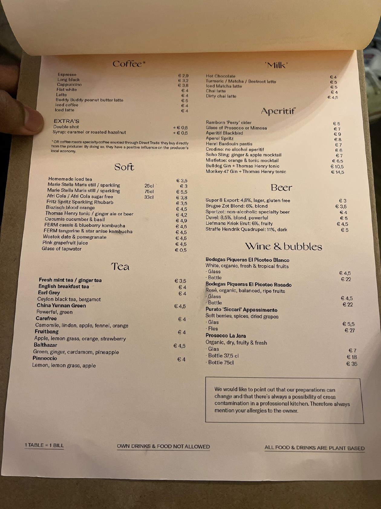 Menu at Blackbird, Bruges