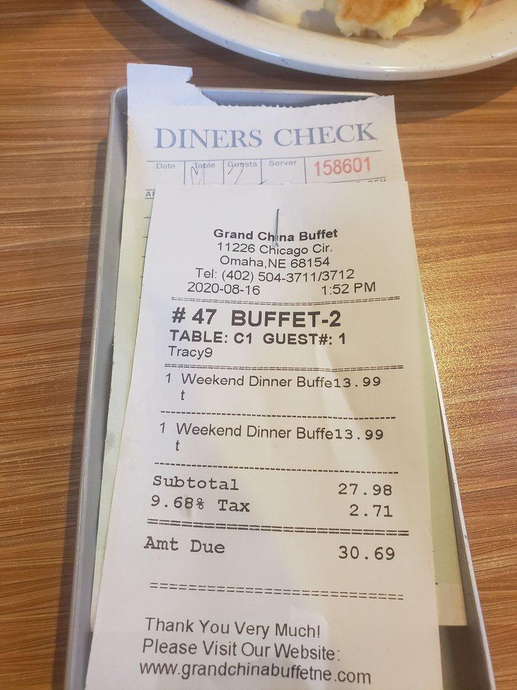 Menu at Grand China Buffet restaurant, Omaha