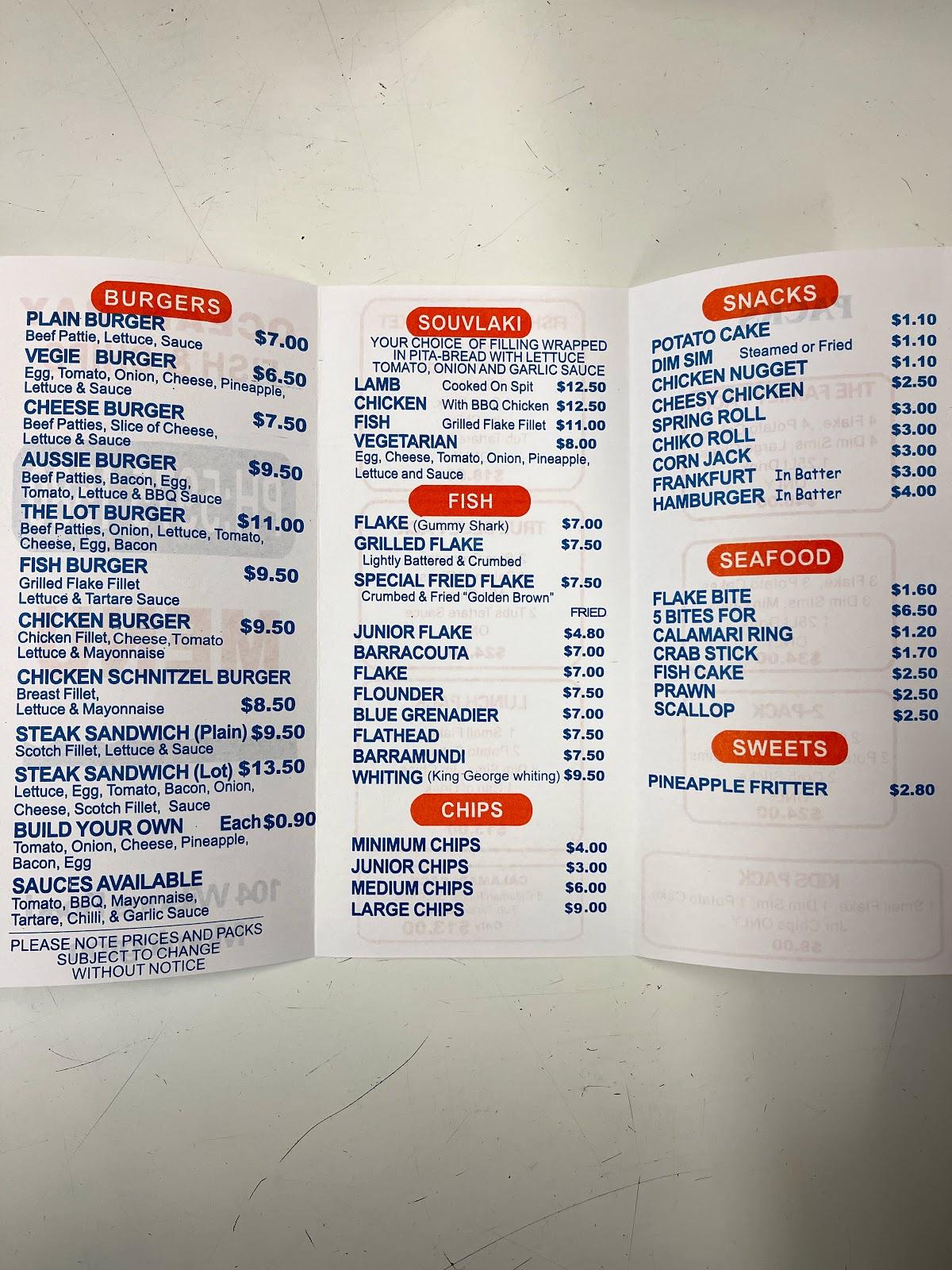 Menu at OCEAN BAY FISH AND CHIPS fast food, Mornington