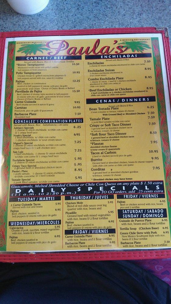 Menu at Paula's restaurant, Arlington