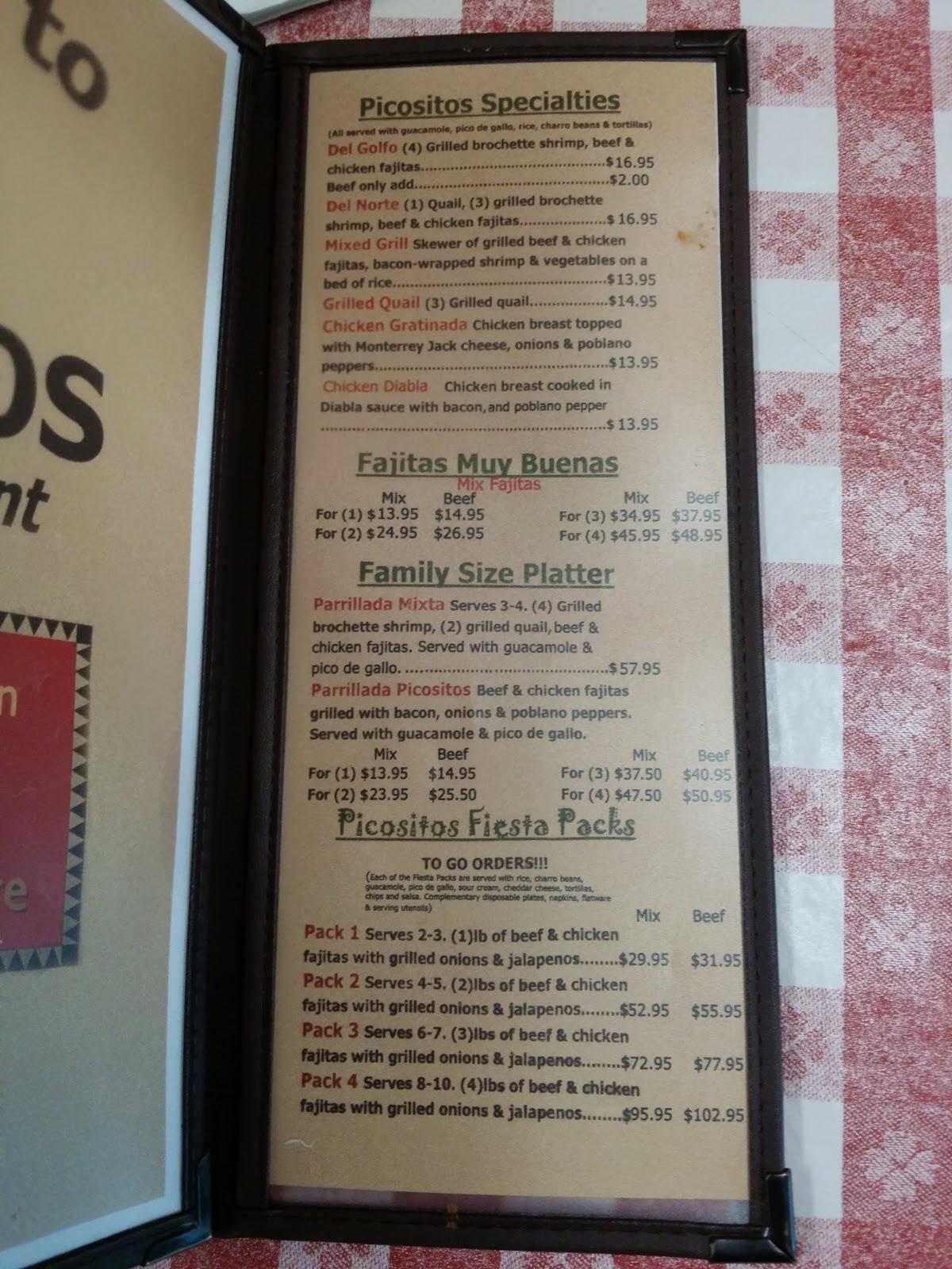 Menu at Picositos Mexican Restaurant, Pinehurst